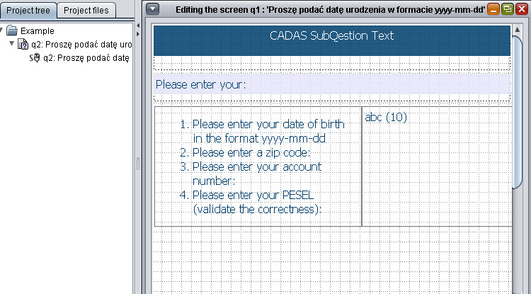CADAS Software Questionnaire Designer Help Subquestion Text